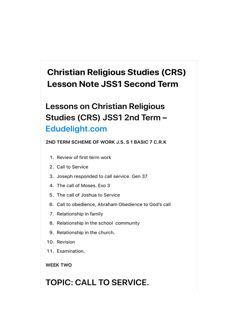 JSS1 CRS Lesson Notes: 2nd Term Overview | PDF | Abraham | Joshua