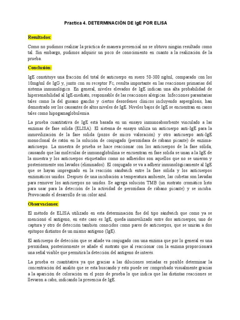 Practica 4. DETERMINACIÓN DE IgE POR ELISA | PDF | Elisa | Anticuerpo