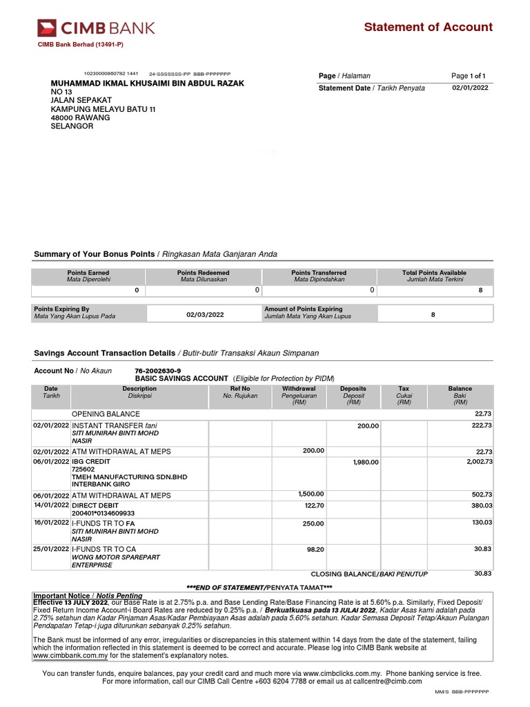 Alliance Bank Statement Summary | PDF | Banks | Debit Card