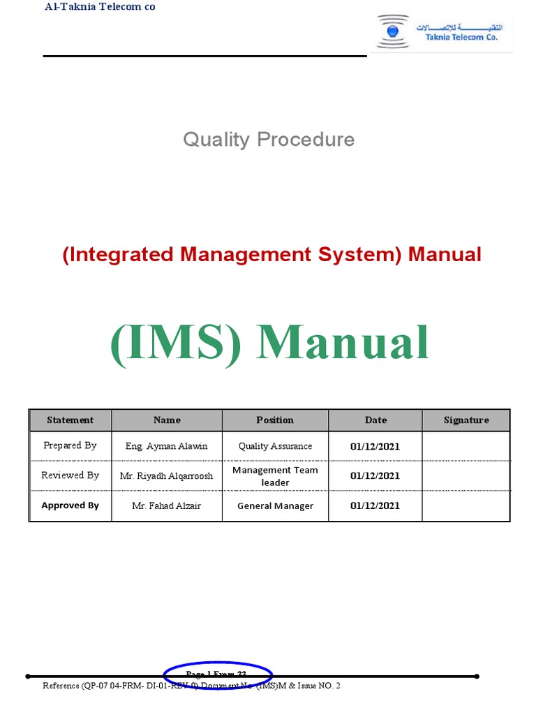 IMS (Integrated Management System) Manual | PDF | Iso 9000 | Employment