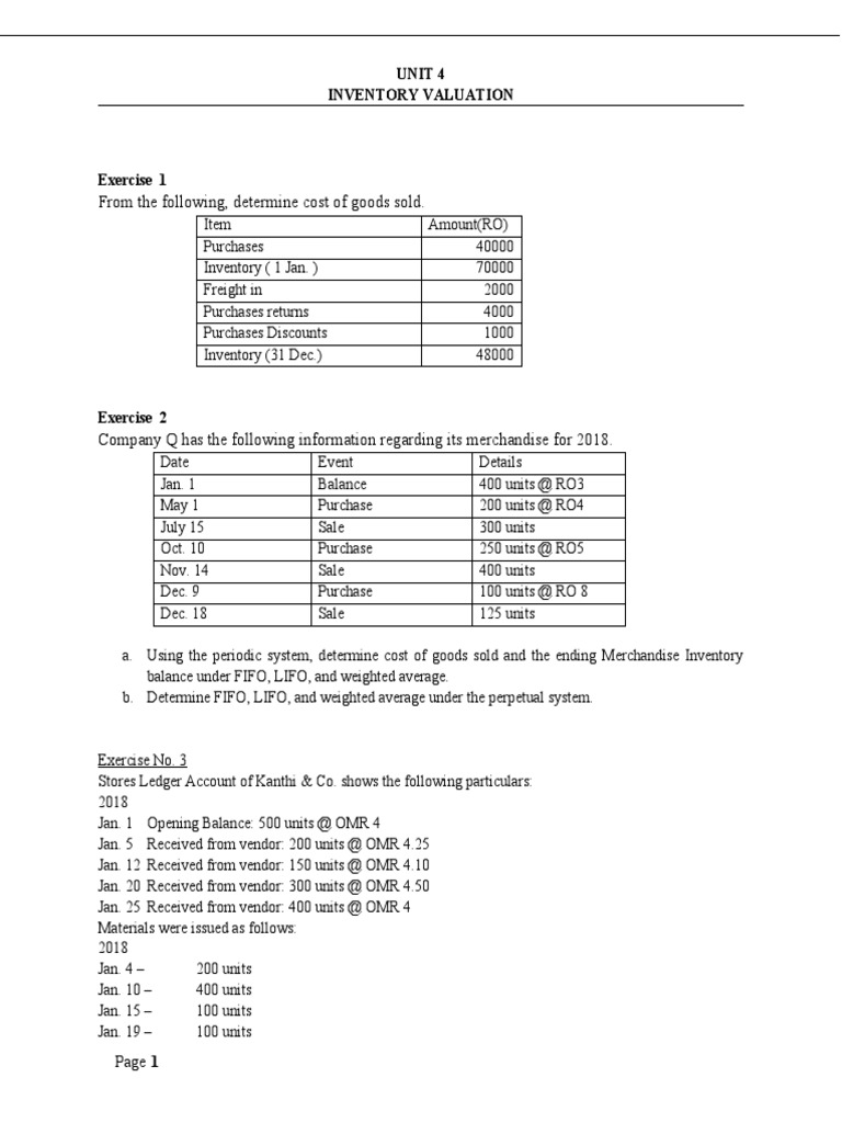 Exercises For Unit 4 Inventory Valuation | PDF | Inventory | Market (Economics)