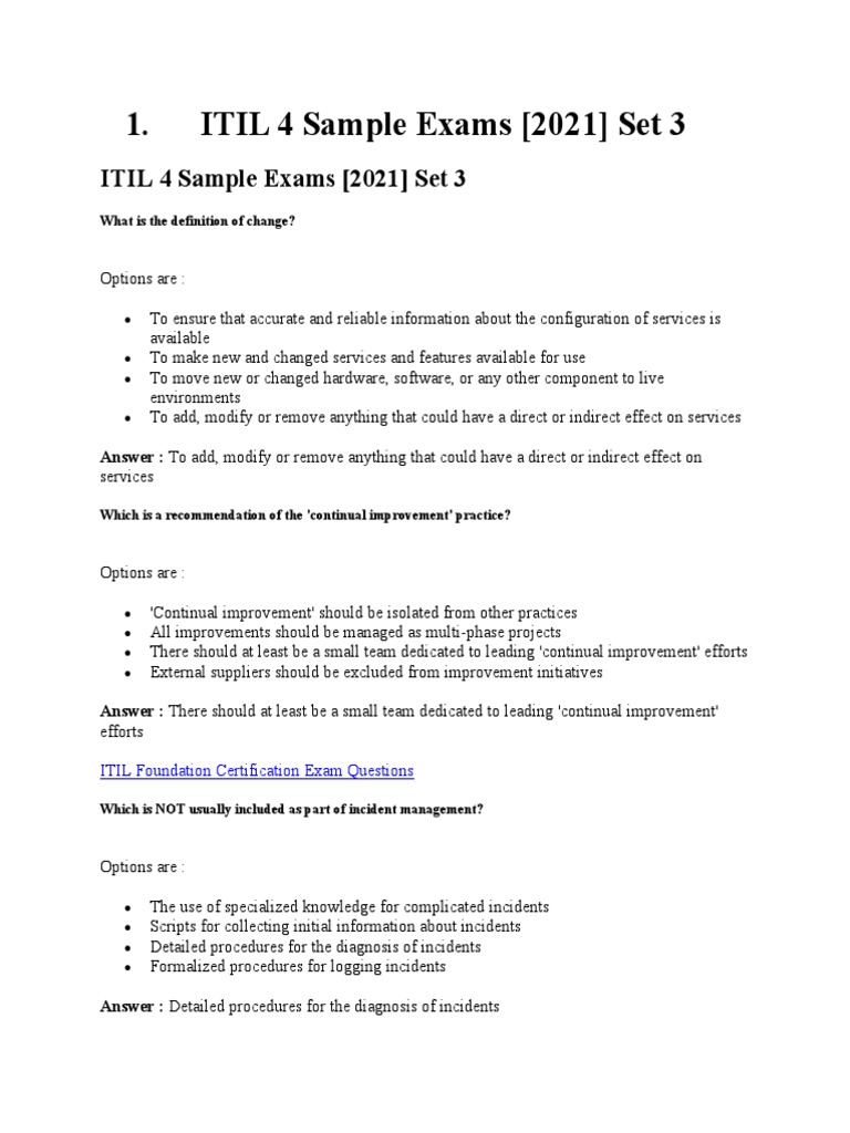 ITIL 4 Sample Exams | PDF | It Service Management | Risk