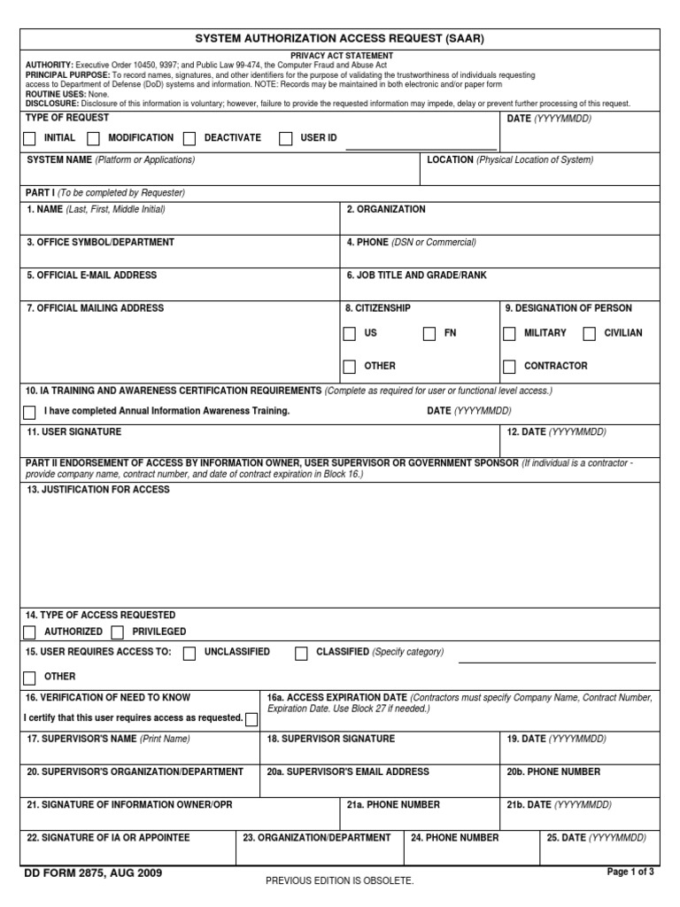 System Authorization Access Request (Saar) | PDF | Security Clearance ...