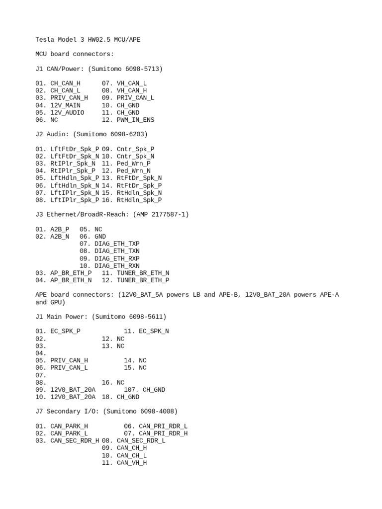 Tesla Model 3 ICE Connector Pinouts | PDF | Computer Hardware ...