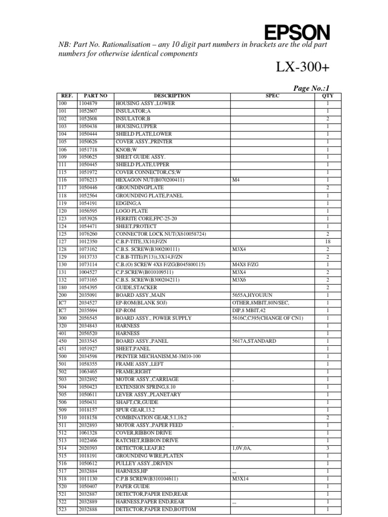 Epson LX 300plus Parts List | PDF | Vehicles | Equipment
