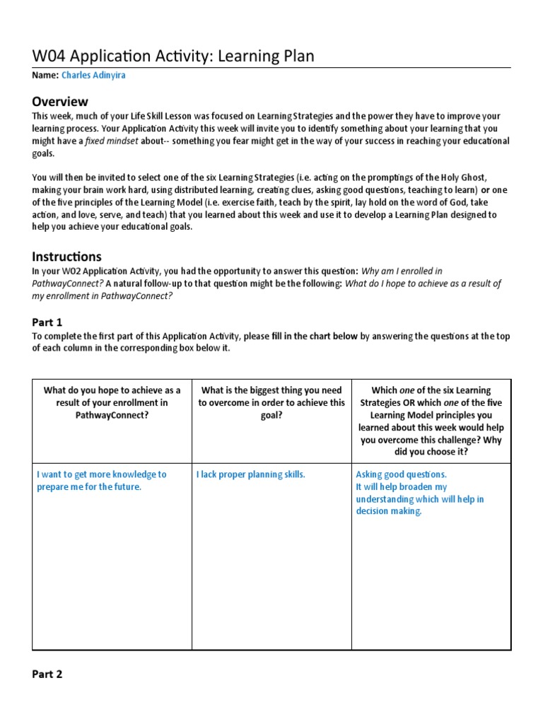 W04 Application Activity: Learning Plan: Charles Adinyira | PDF ...