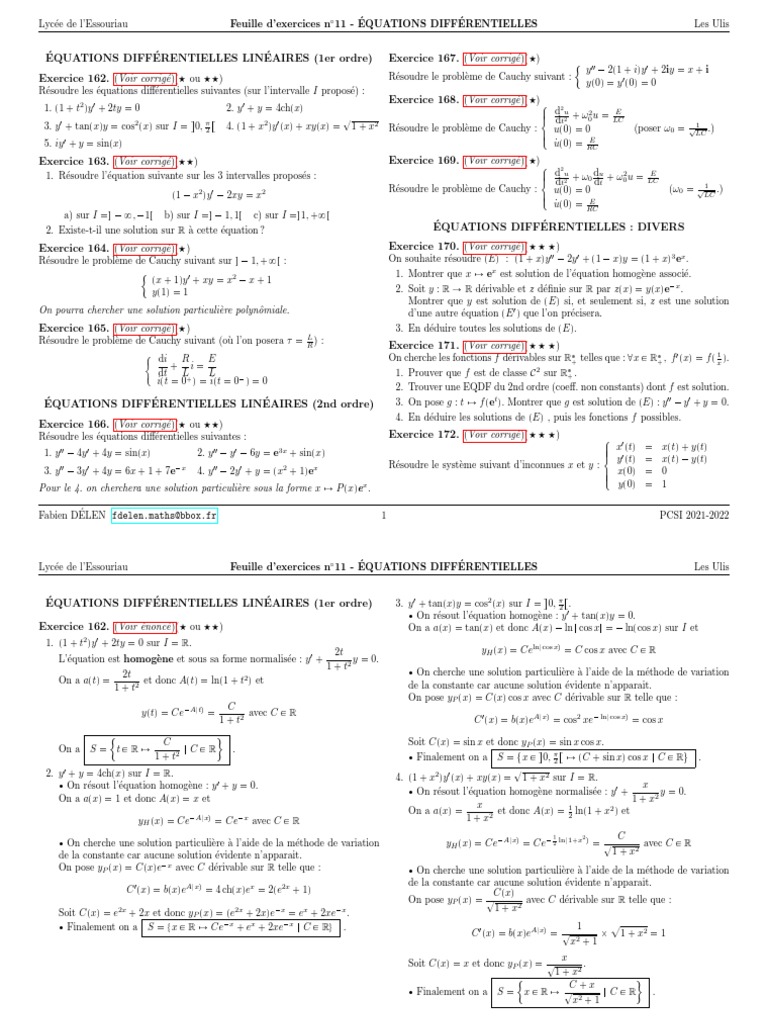 11 - Exercices - Equations Différentielles | PDF | Équations | Objets ...