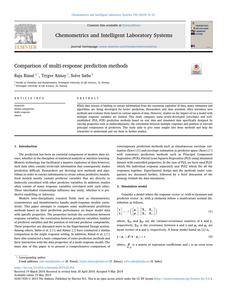 Chemometrics and Intelligent Laboratory Systems: Raju Rimal, Trygve Almøy, Solve Sæbø | PDF ...