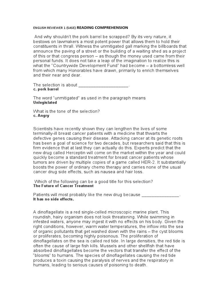 Reading Comprehension: English Reviewer 1 (Sase) | PDF | Dash Diet ...