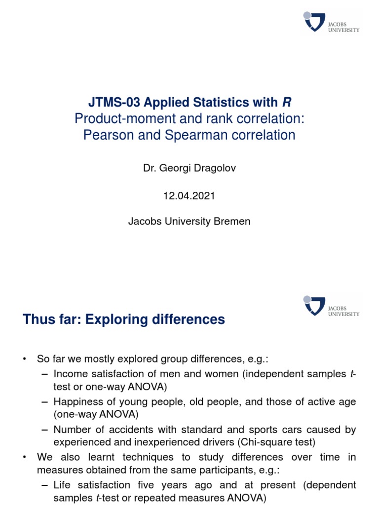 Product-Moment and Rank Correlation: Pearson and Spearman Correlation ...