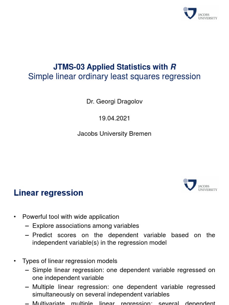 Simple Linear Ordinary Least Squares Regression: JTMS-03 Applied Statistics With R | PDF ...
