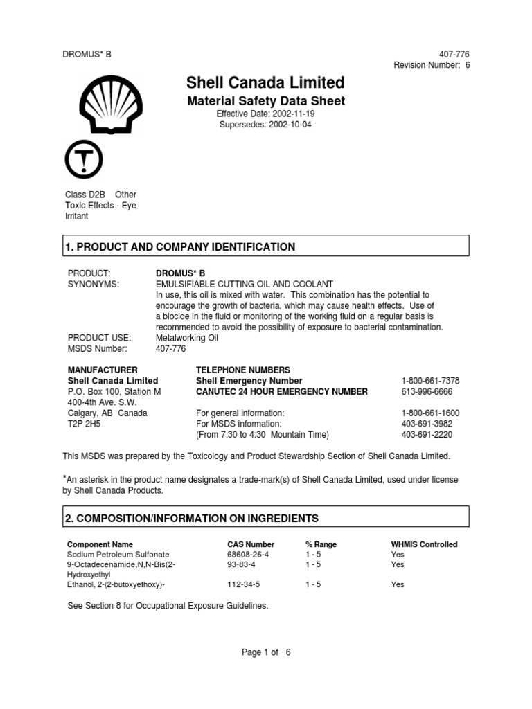 DROMUS* B Cutting Oil Safety Data Sheet | PDF | Personal Protective ...