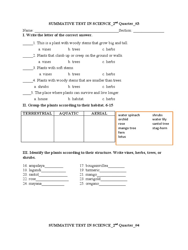 SUMMATIVE TEST IN QUARTER 2 No.34 | PDF | Subtraction | Plants