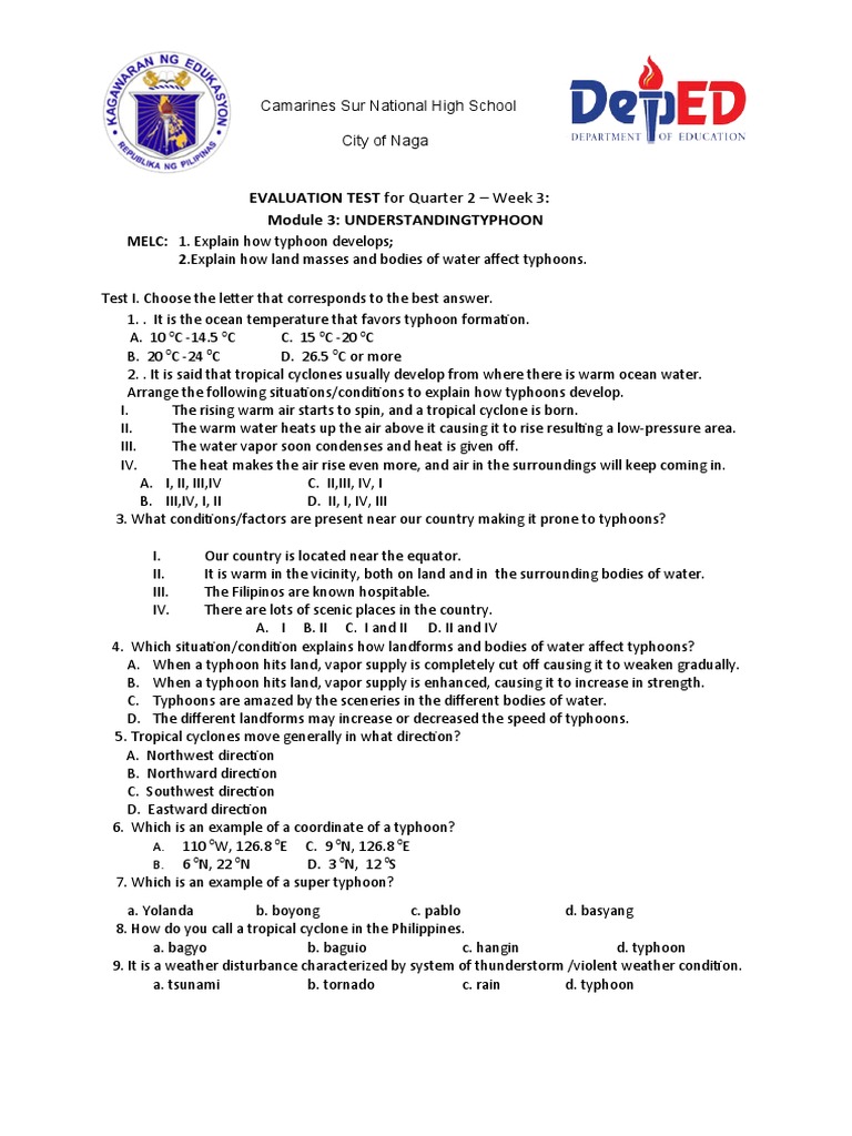 EVALUATION TEST For Quarter 2 - Week 3:: Module 3: Understandingtyphoon ...