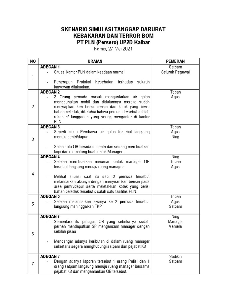 Skenario Simulasi Tanggap Darurat PLN Up2d Kalbar 2021 | PDF