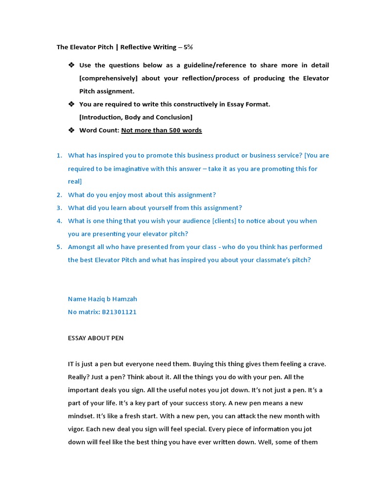 The Elevator Pitch - Reflective Writing | PDF | Communication | Cognition