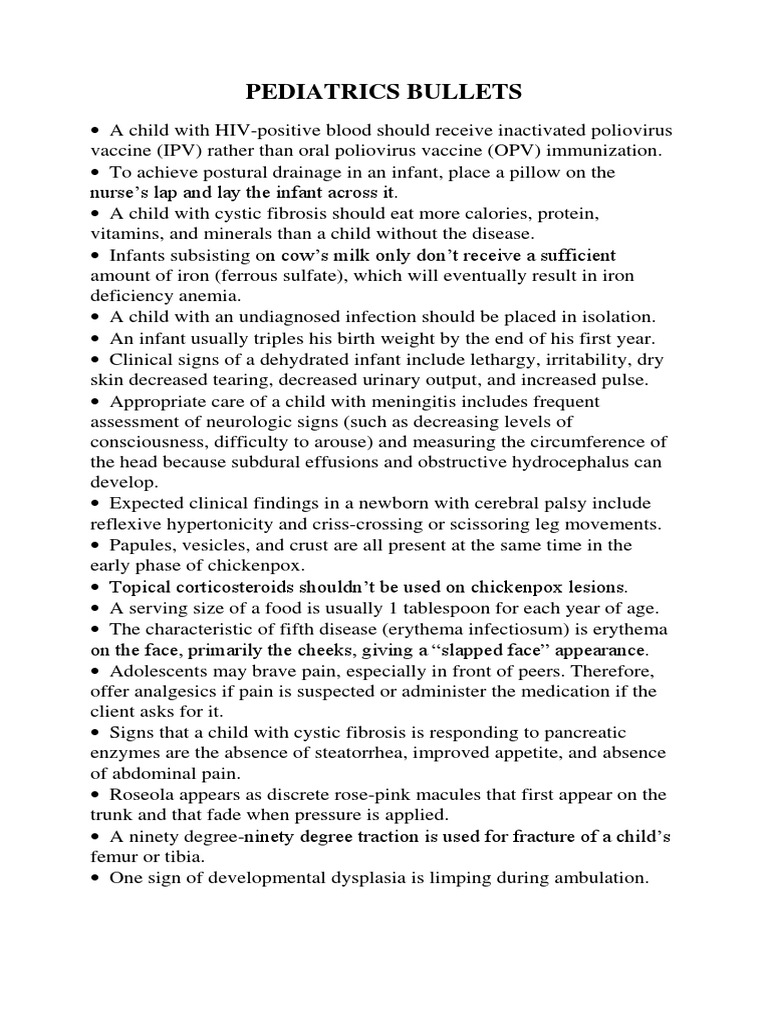 Pediatrics Bullets | PDF | Infants | Clinical Medicine
