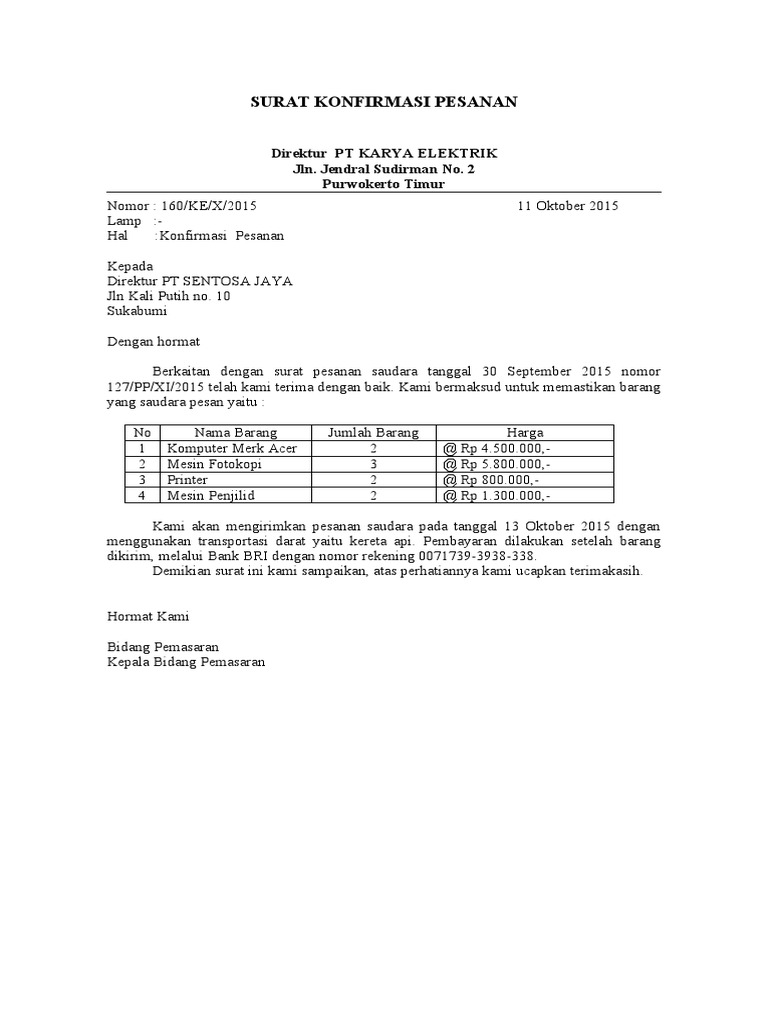 Contoh Surat Konfirmasi Pesanan | PDF Contoh Surat Konfirmasi Pesanan | PDF
