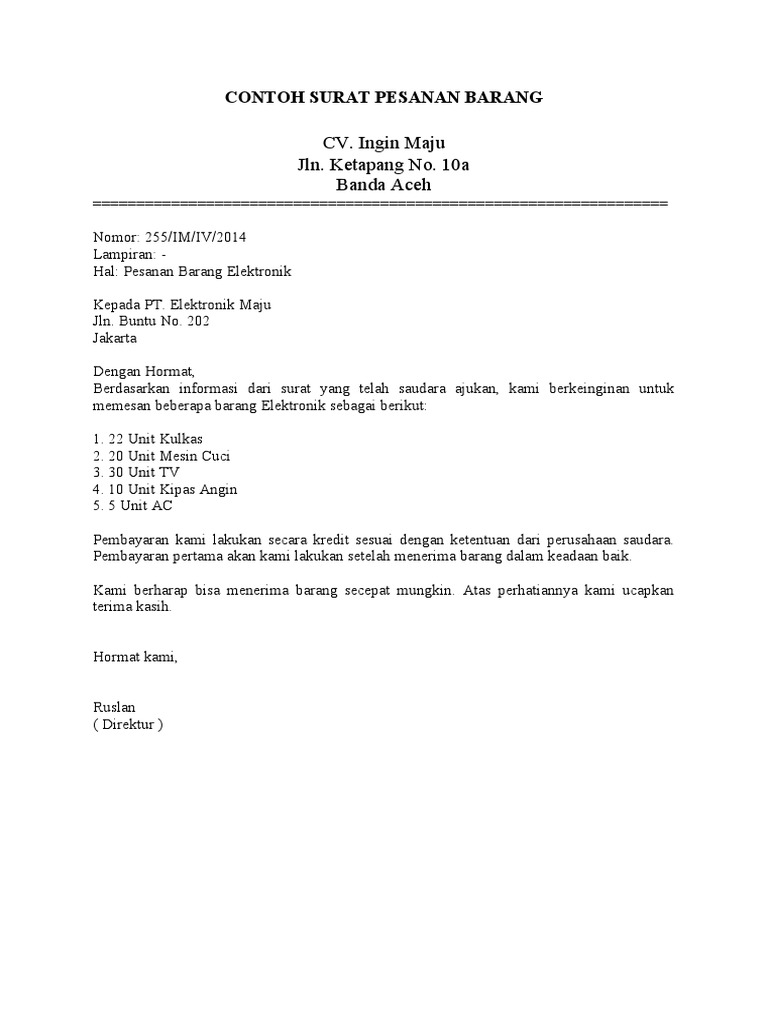 Contoh Surat Pesanan Barang | PDF