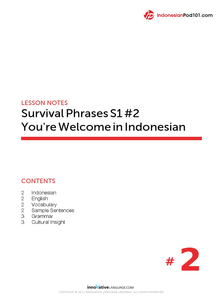 Survival Phrases S1 2 You Re Welcome In Indonesian Lesson Notes Pdf