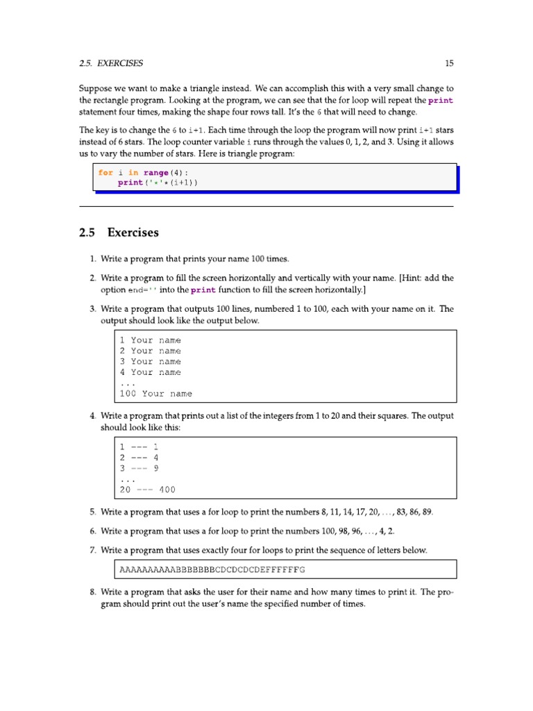 Coding Exercises - For Loops | PDF