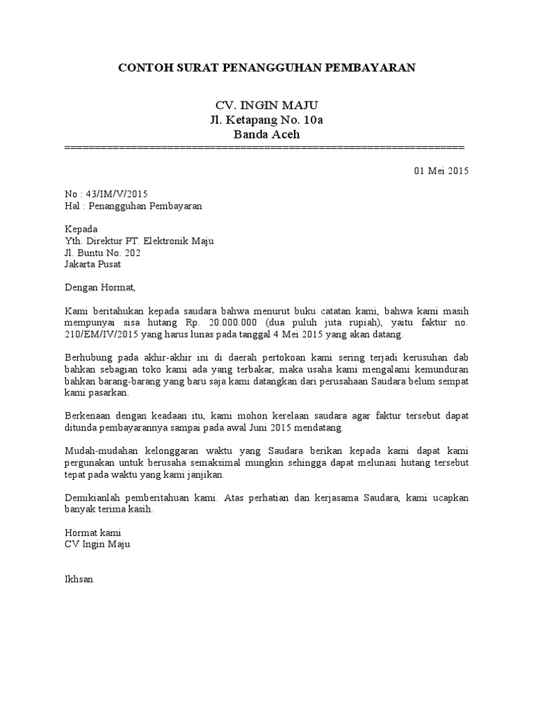 Contoh Surat Penangguhan Pembayaran | PDF