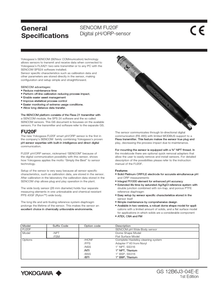 Yokogawa - AE PH Sensor FU20 | PDF | Sensor | Chemistry