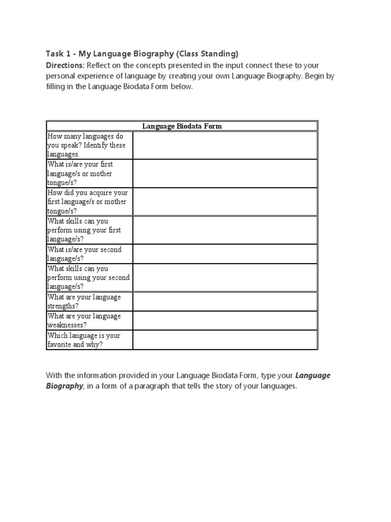 Task 1 - My Language Biography (Class Standing) | PDF