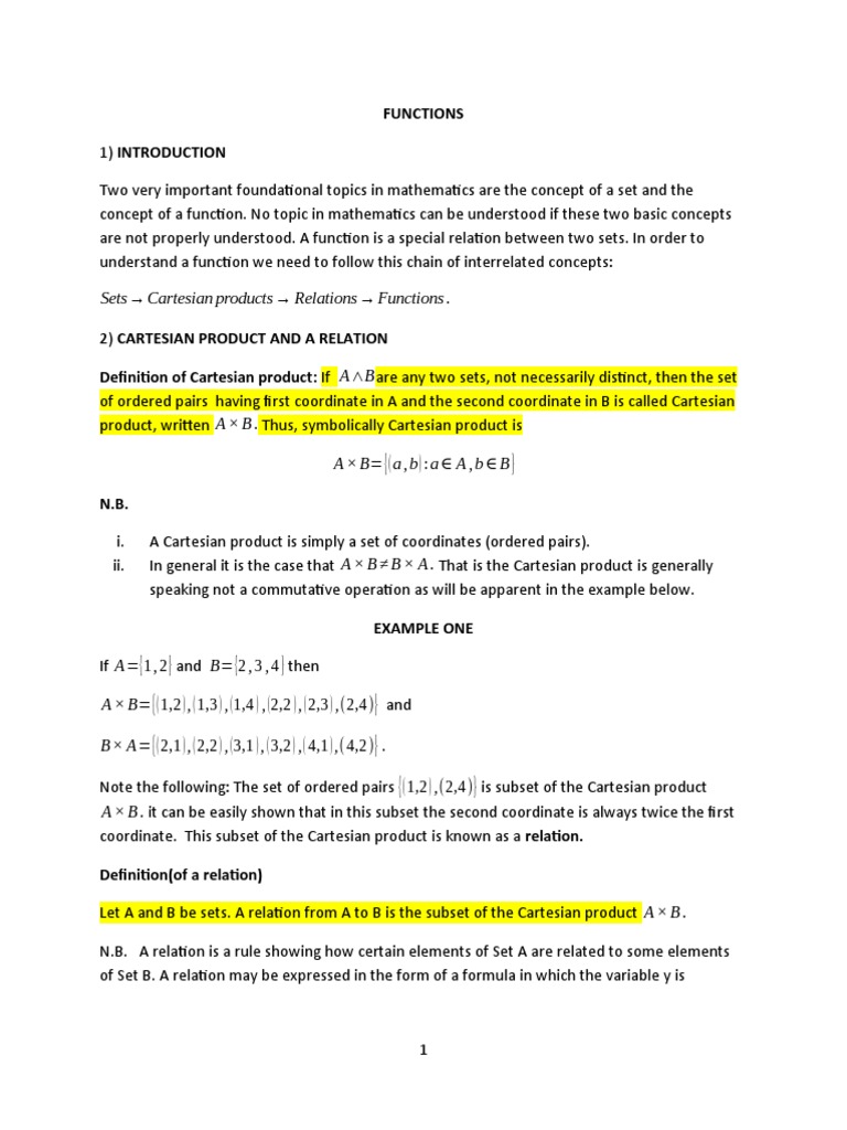 Functions Sets Cartesian Products Relations Functions Pdf Function Mathematics Set
