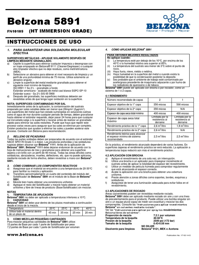 Belzona 5891 Inst Uso | PDF | Agua | Revestimiento