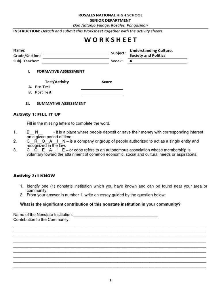 Ucsp - Q2 - W4 Worksheet | PDF | Cognition | Communication
