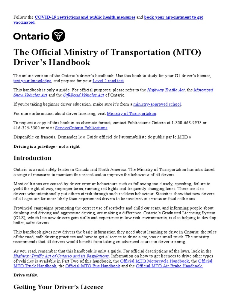 The Official Ministry of Transportation (MTO) Driver's Handbook | PDF ...