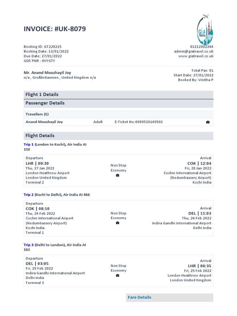 INVOICE: #UK-8079: Flight 1 Details Passenger Details | Download Free ...