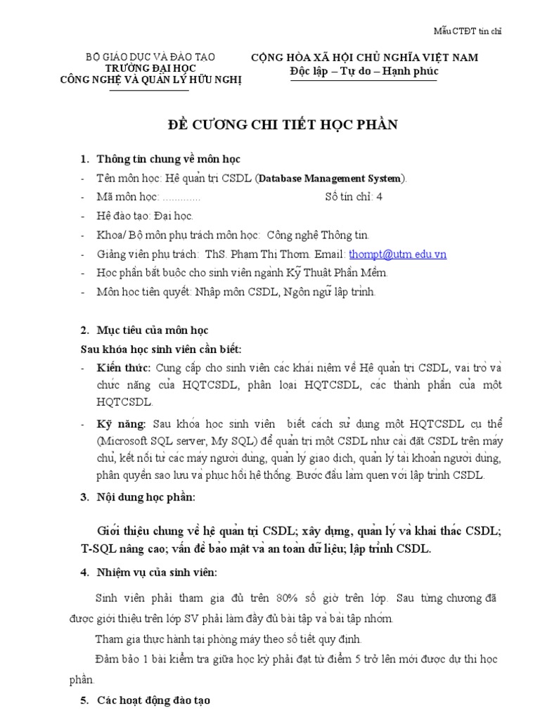 Đề cương môn học HQTCSDL | PDF
