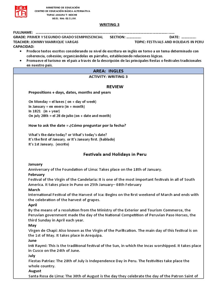 Writing 3 Festivals and Holidays in Peru Tercer y Cuarto Semipresencial ...