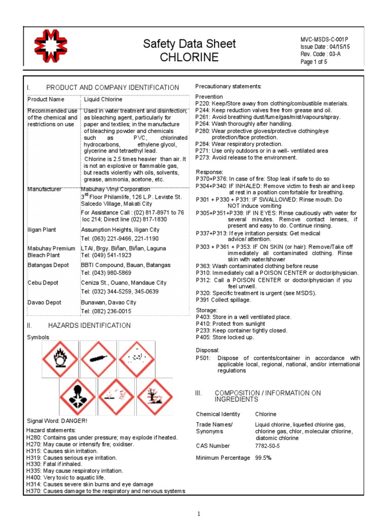 Msds Klorin Lengkap | PDF | Water | Chlorine