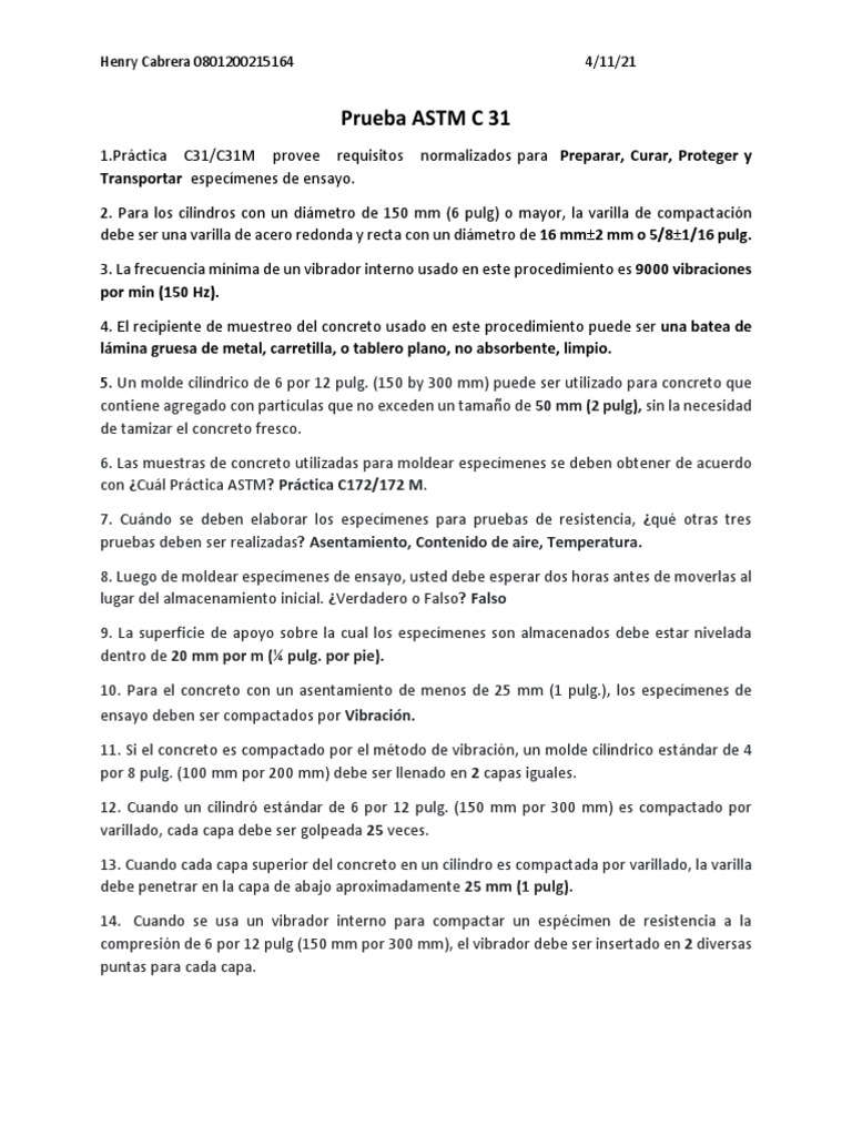 Henry Cabrera Prueba ASTM C 31 Lab de Concreto | PDF | Hormigón
