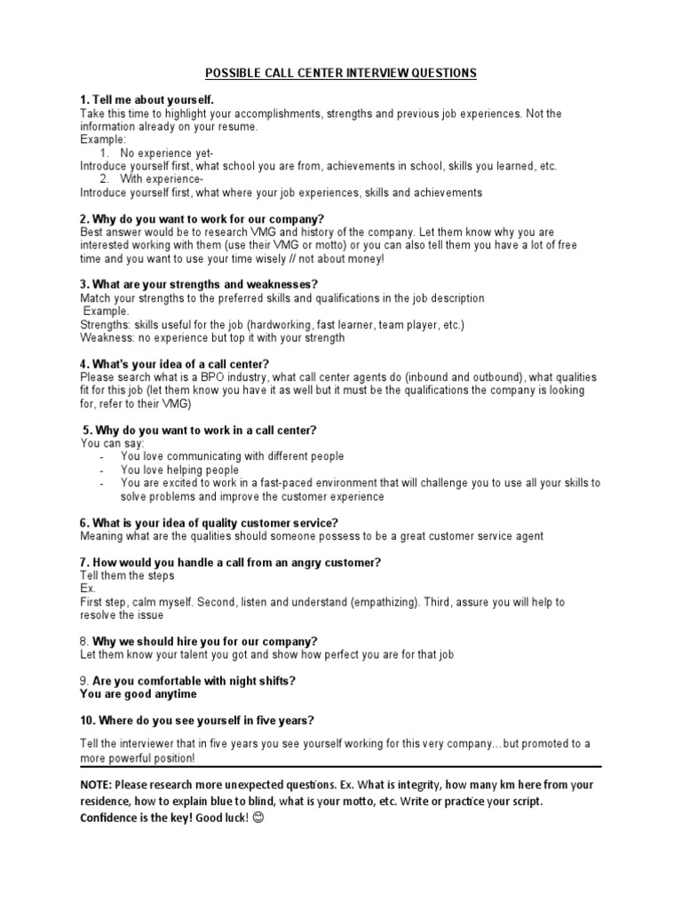 Possible Call Center Interview Questions | PDF | Call Centre ...