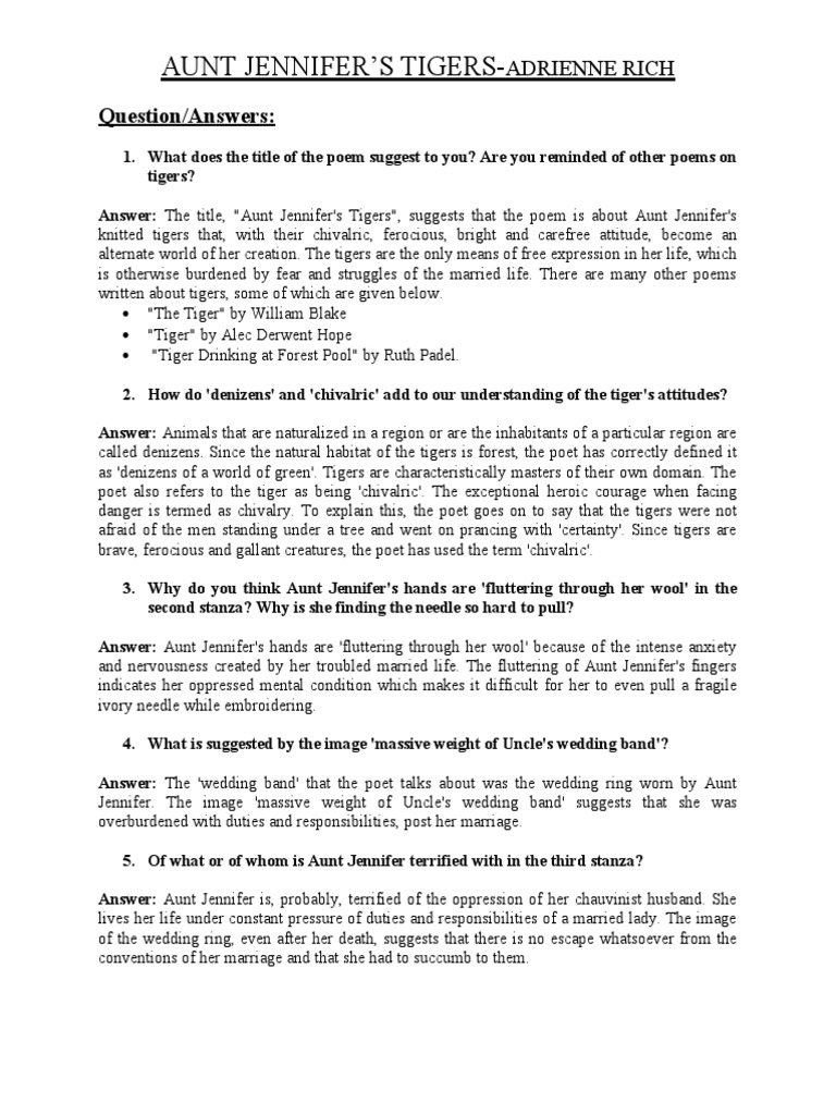 Aunt Jennifer'S Tigers-: Question/Answers | PDF | Chivalry