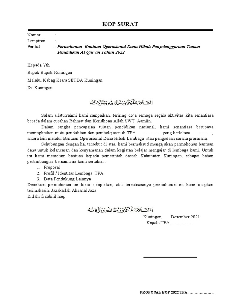 Contoh Proposal Pengajuan Bantuan BOP TPA 2022 | PDF