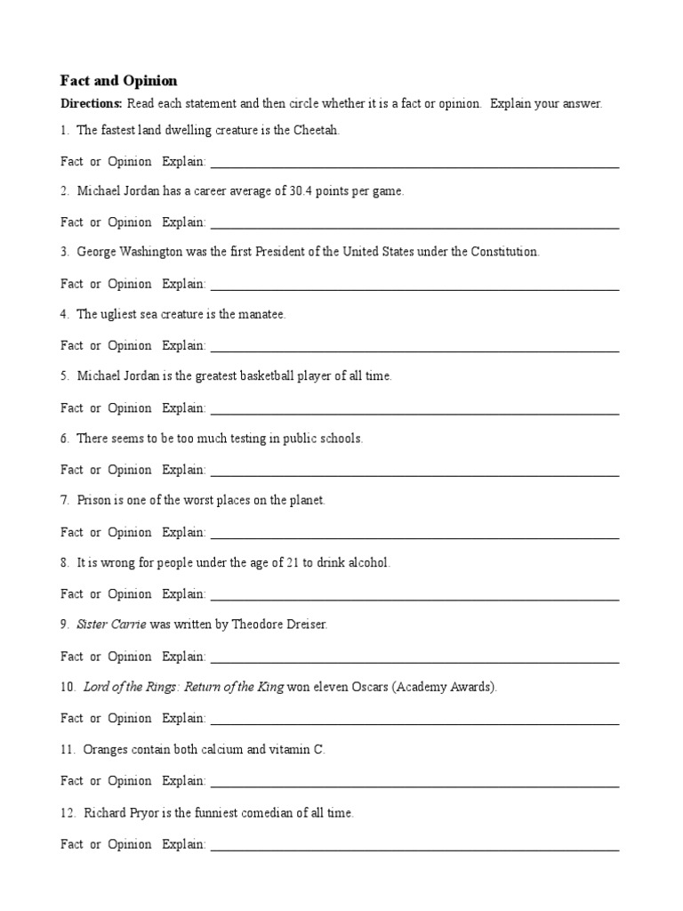 Fact and Opinion Worksheet | PDF