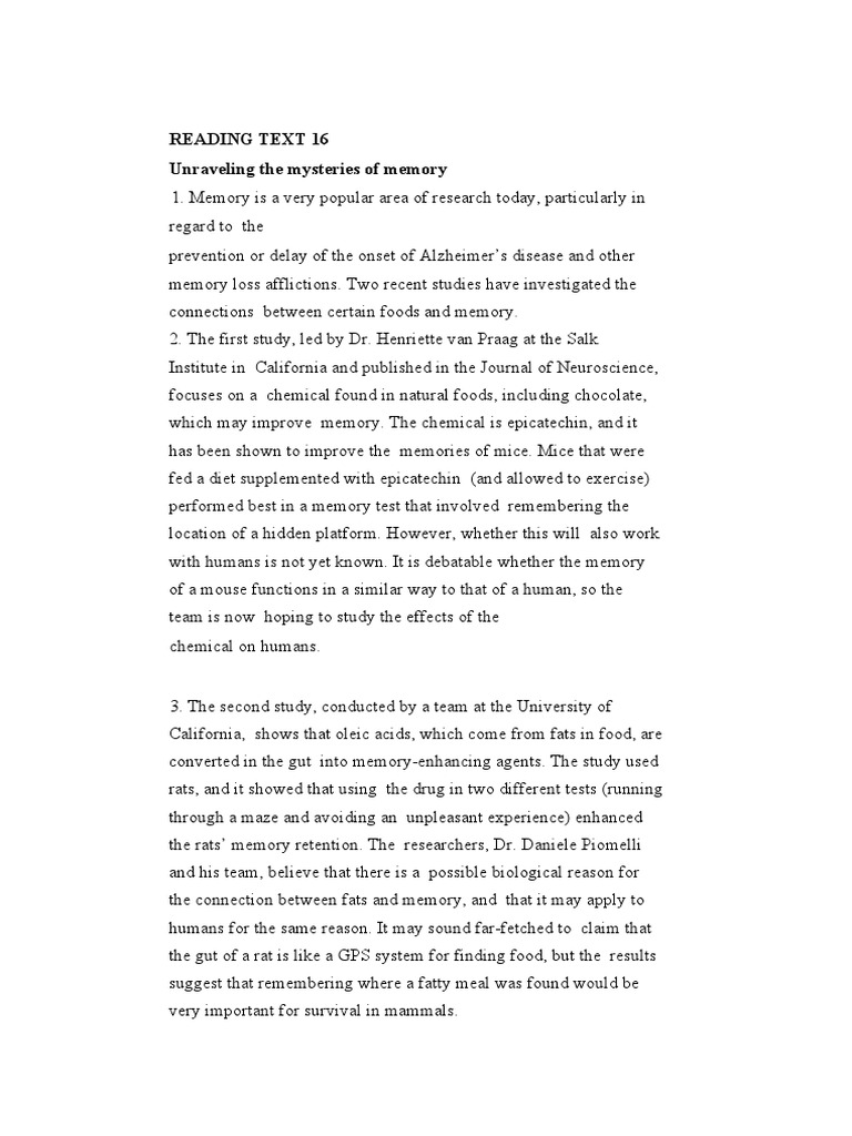 Reading Text 16 Unraveling The Mysteries of Memory | PDF | Memory | Foods