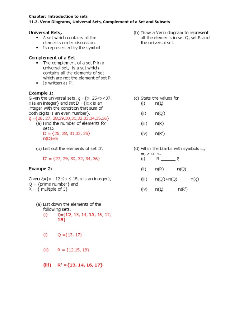 Venn Diagrams, Universal Sets, Complement of Set and Subset | PDF | Set ...