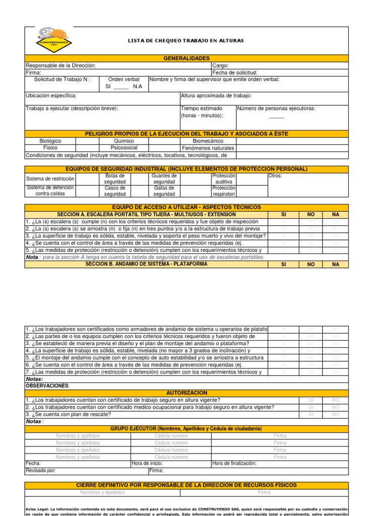 Lista de Chequeo Trabajo en Alturas 1 | PDF | Andamio