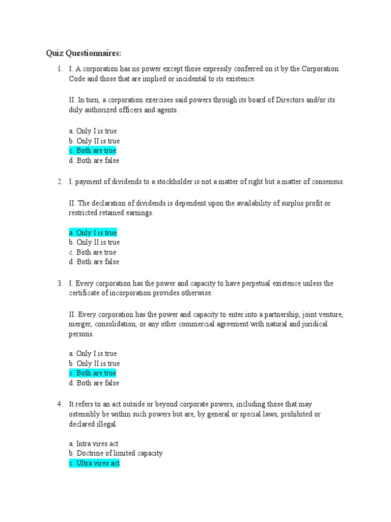 Corporate Powers and Quiz Questions | PDF | Corporations | Dividend