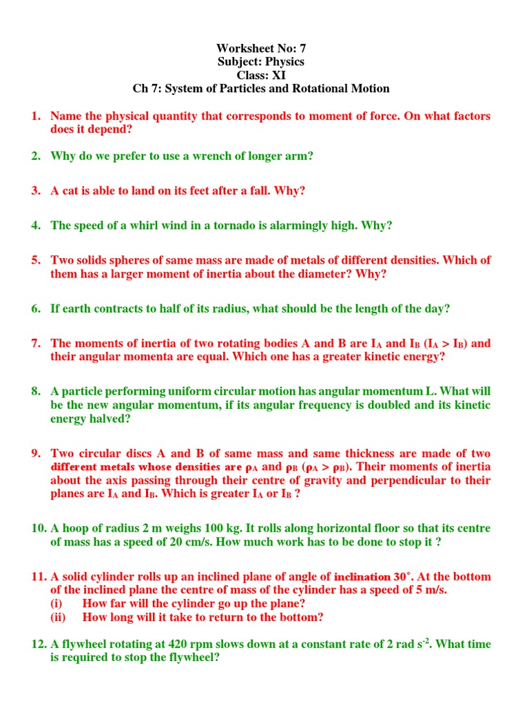 Worksheet No: 7 Subject: Physics Class: XI CH 7: System of Particles and Rotational Motion | PDF ...