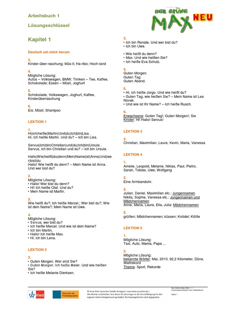 Der Gruene Max Neu AB1 Loesungsschluessel | PDF