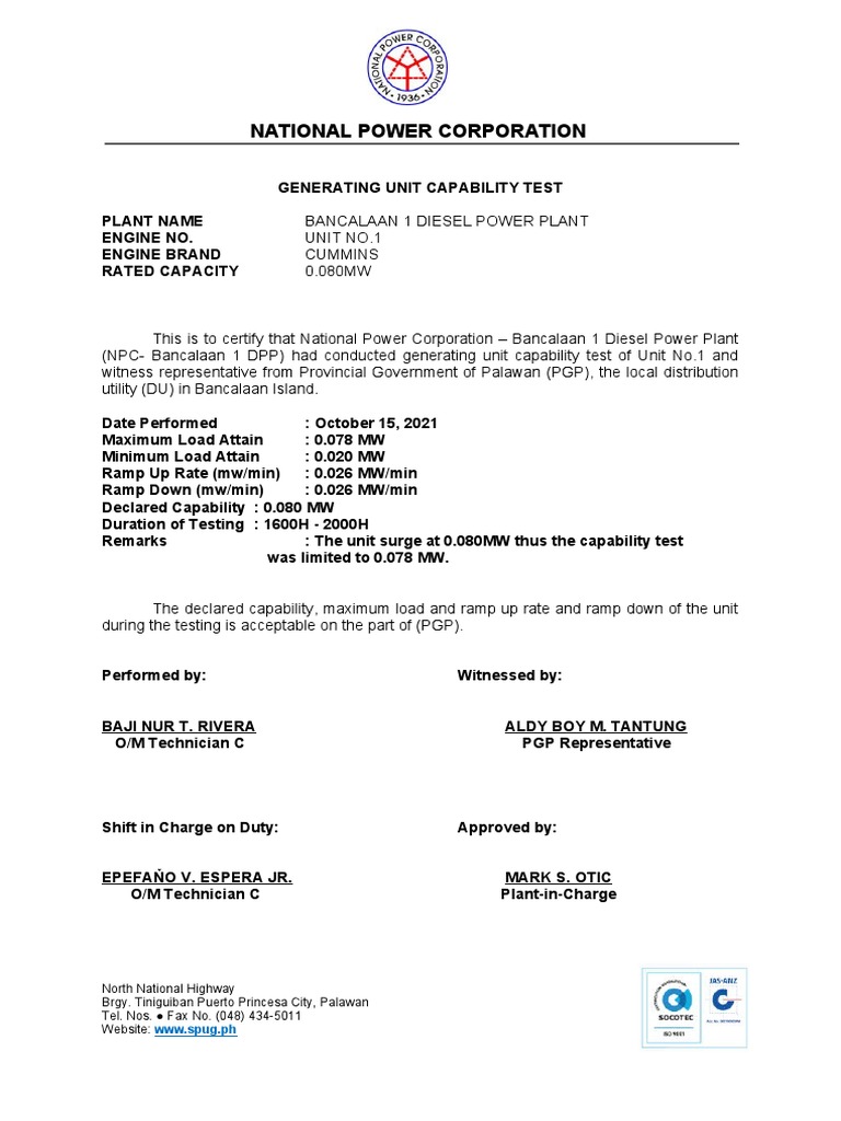 Generating Unit Capability Test | PDF