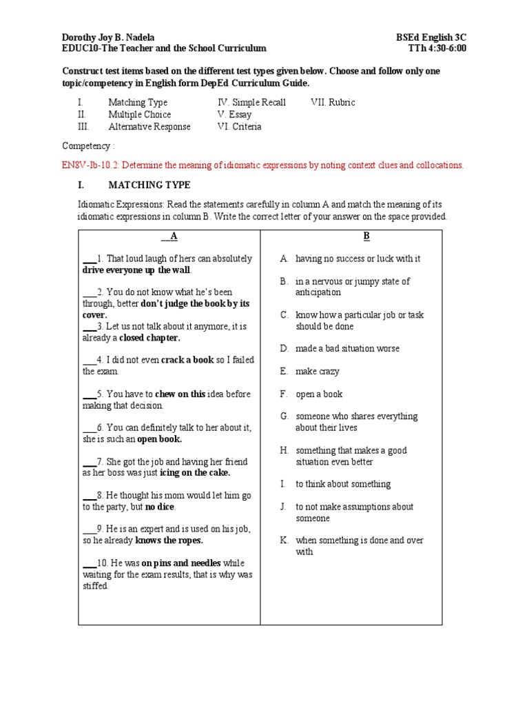 EN8V-Ib-10.2: Determine The Meaning of Idiomatic Expressions by Noting ...