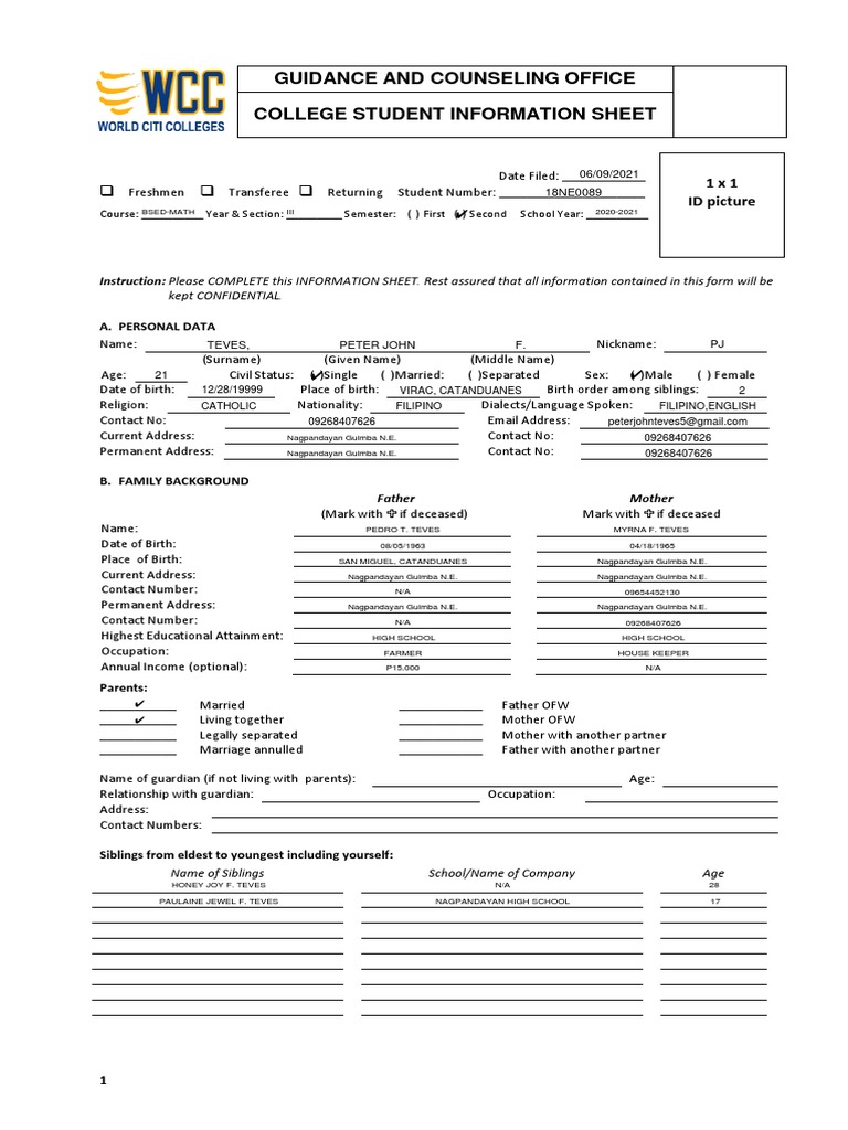 COLLEGE - Student Information Sheet | PDF | Self Esteem | Psychological ...